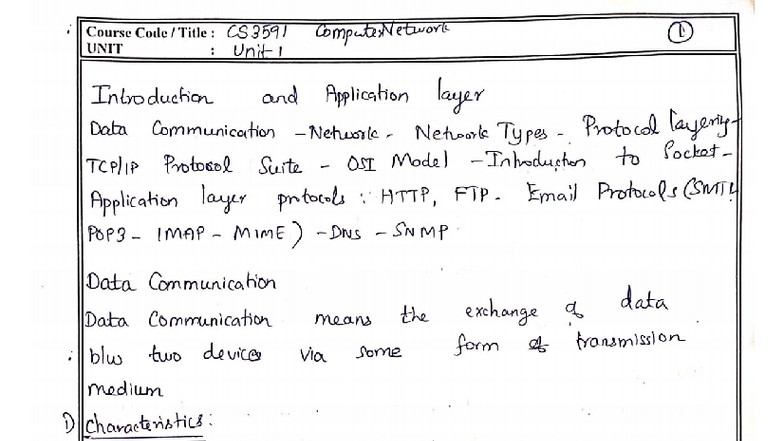 CS3591 Networking UNIT 1 Handwritten Notes on Data Communication - Studocu