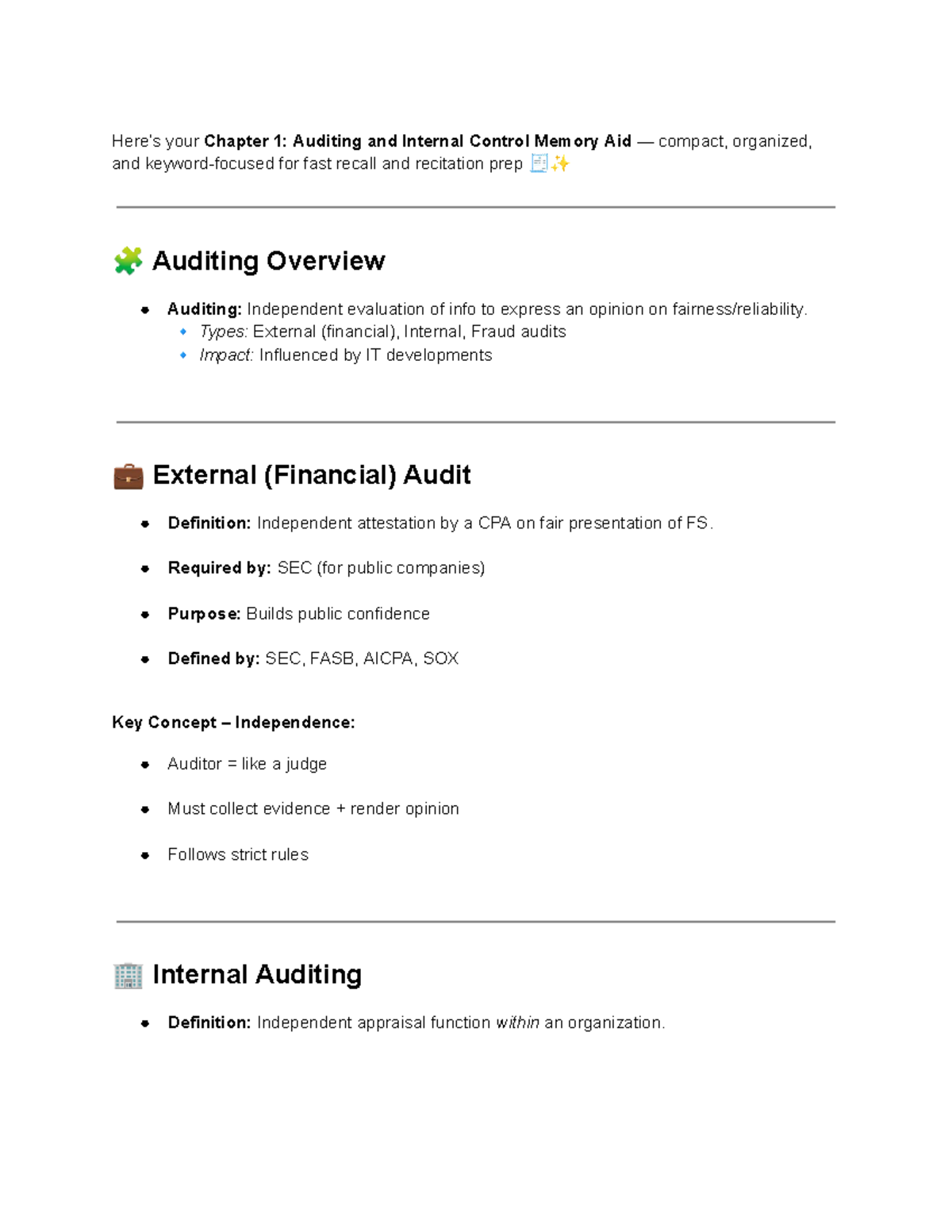 Auditing 101: Chapter 1 Overview & Memory Aid for Internal Control - Studocu