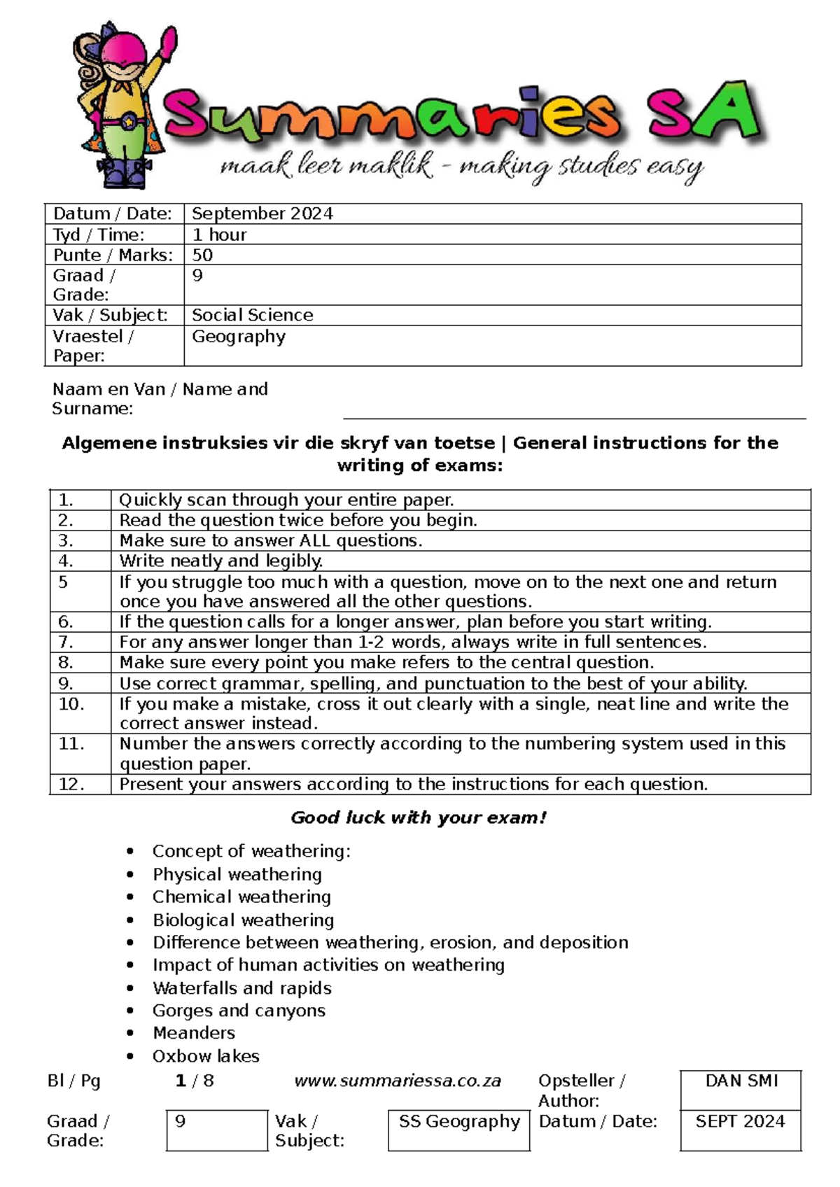 Grade 9 SS Geography September 2024 Exam Paper & Memo - Studocu