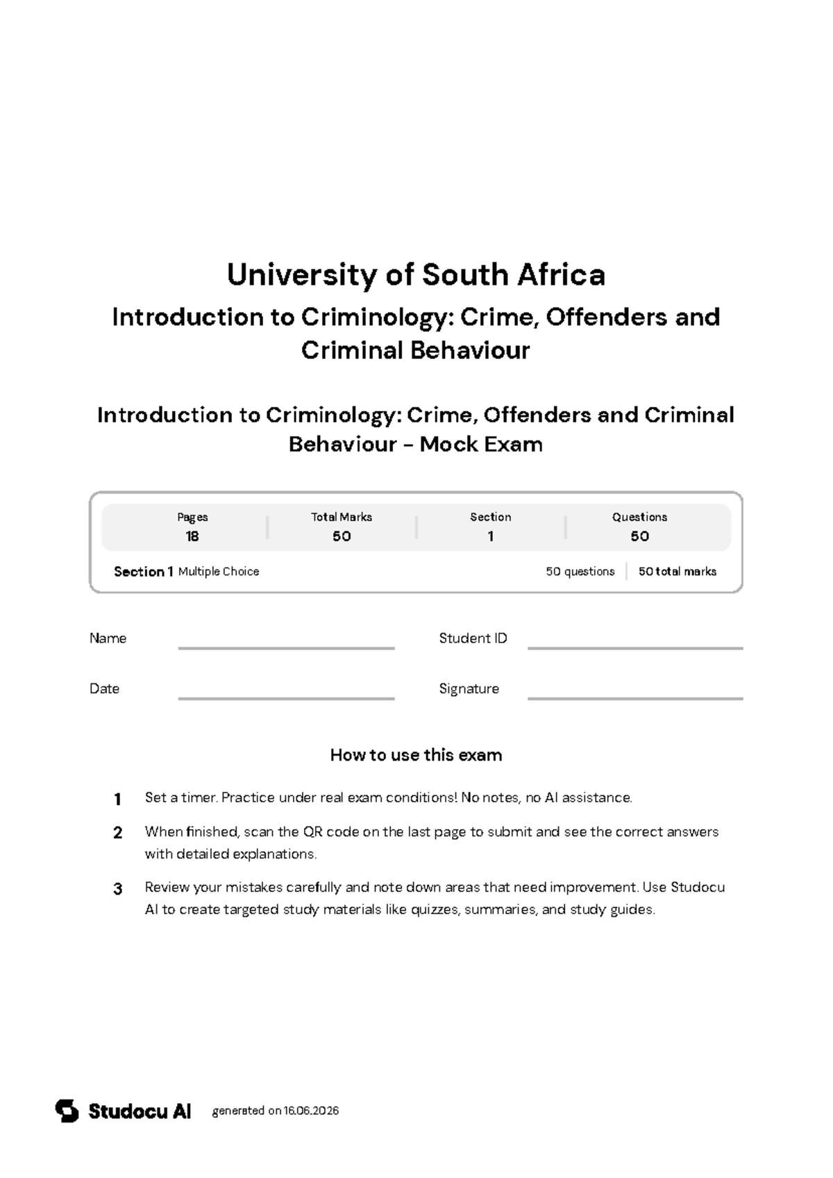 KRM220 Mock Exam: Introduction to Criminology - Studocu