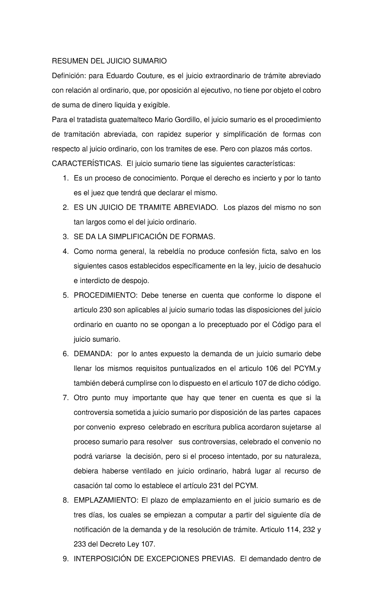 Resumen del Juicio Sumario - Conceptos y Procedimientos Clave - Studocu