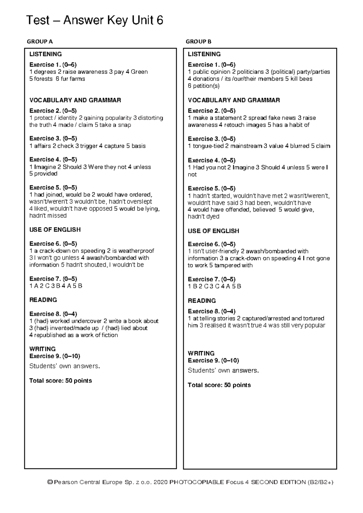 Focus 4 2E Unit 6 Test Answer Key: Listening, Vocabulary & Grammar ...