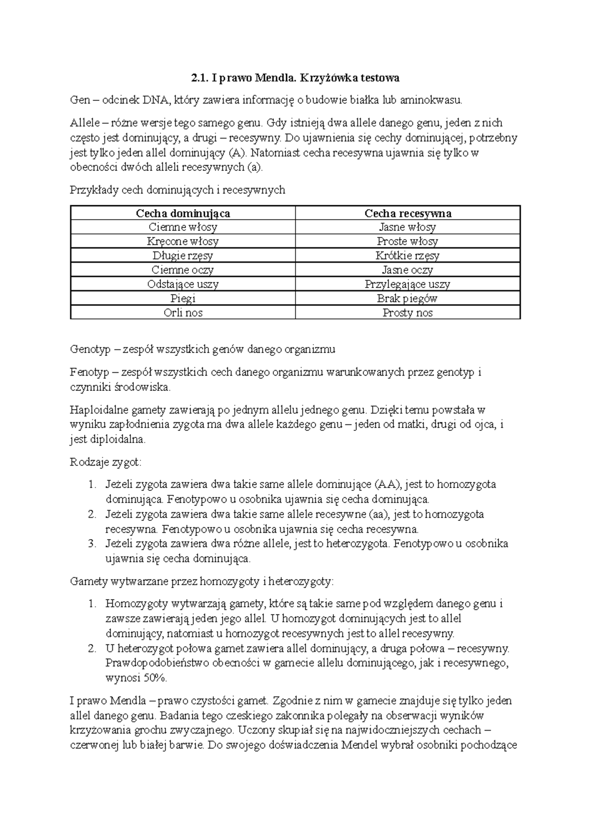 2.1. I Prawo Mendla: Test Krzyżówkowy i Geny Dominujące/Recesywne - Studocu