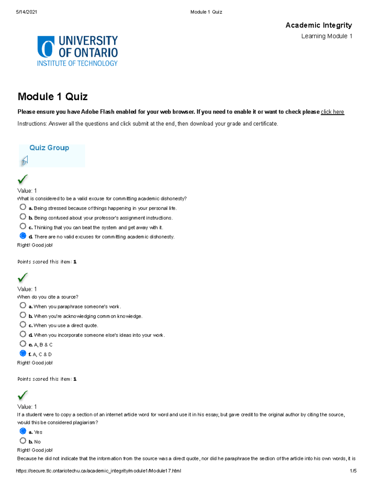 Module 1 Quiz - Academic Integrity Practice Guide - Studocu