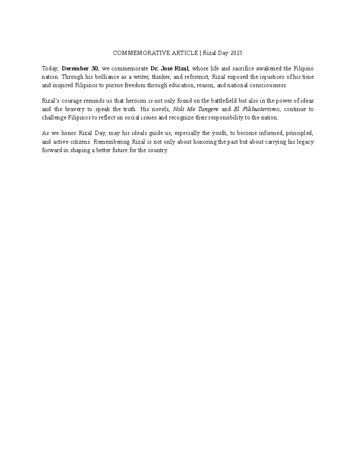 Rizal Day 2025: Honoring the Legacy of Dr. José Rizal - Studocu