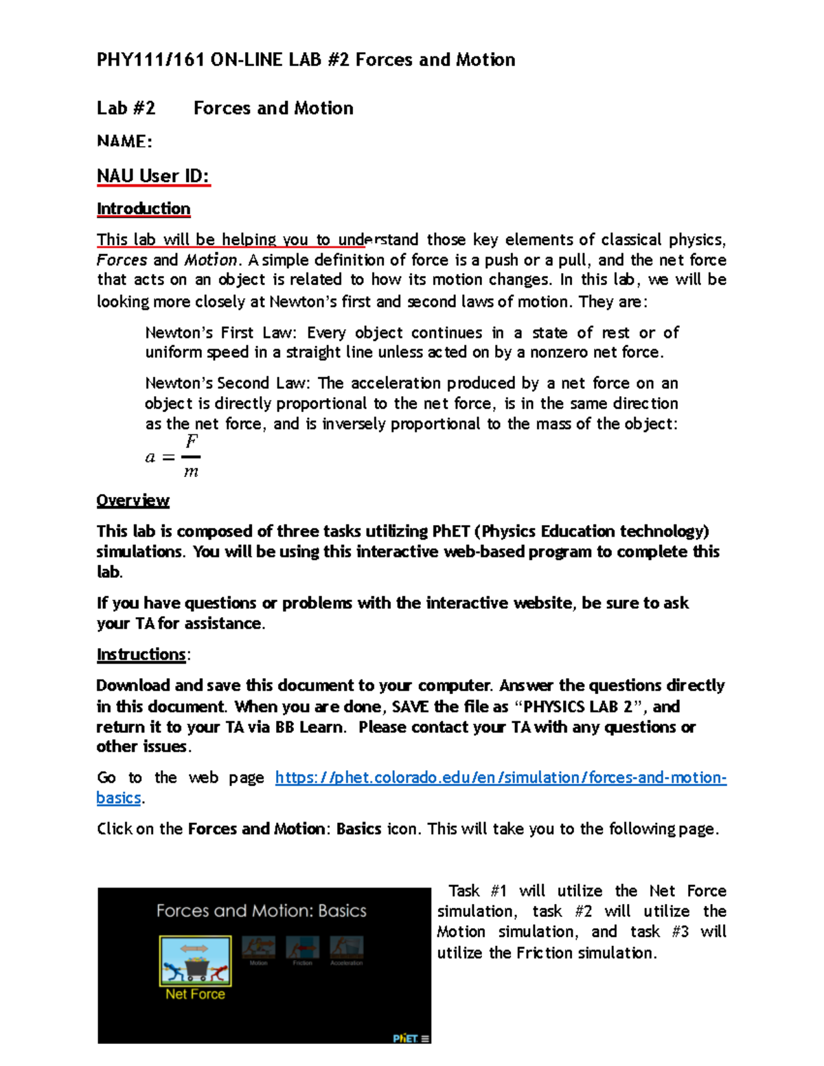 PHY111/161 Online Lab 2: Exploring Forces and Motion Concepts - Studocu