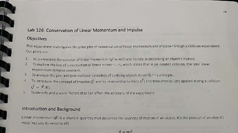 74 Lab 126: Conservation of Linear Momentum & Impulse Experiment - Studocu