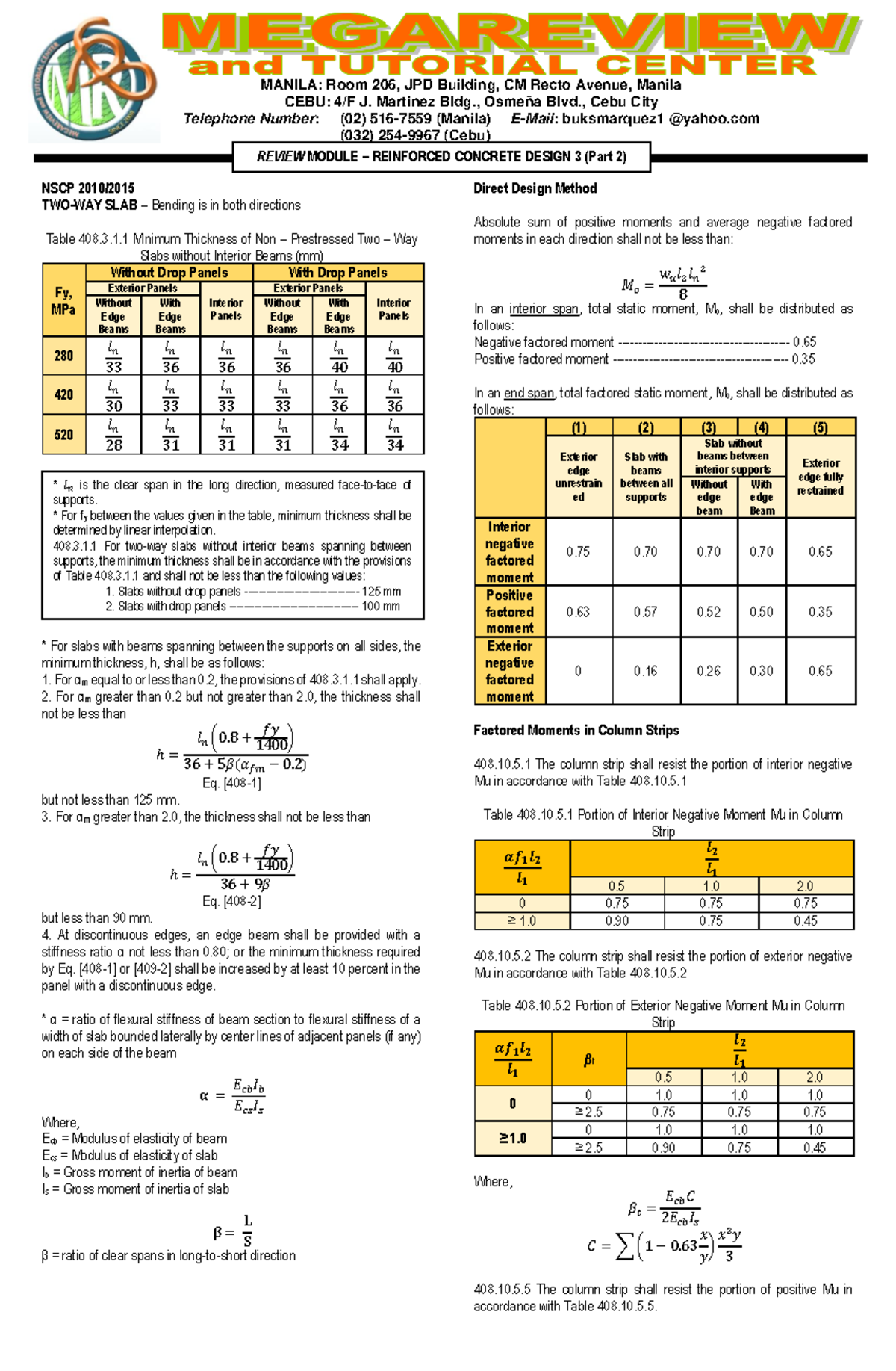 Reinforced Concrete Design 3 (RCD 3) Review Module 43 - Two Way Slabs ...