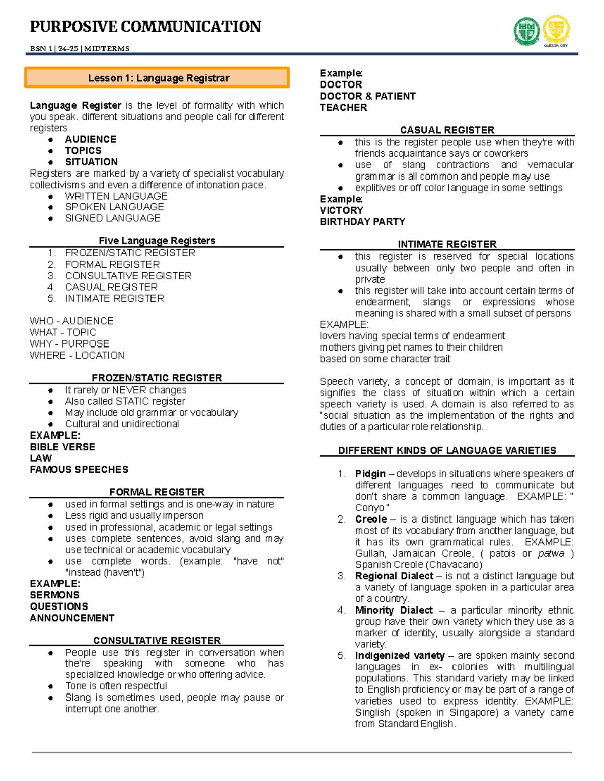 Purposive Communication - BSN 1 | 24-25 | MIDTERMS Lesson 1: Language ...