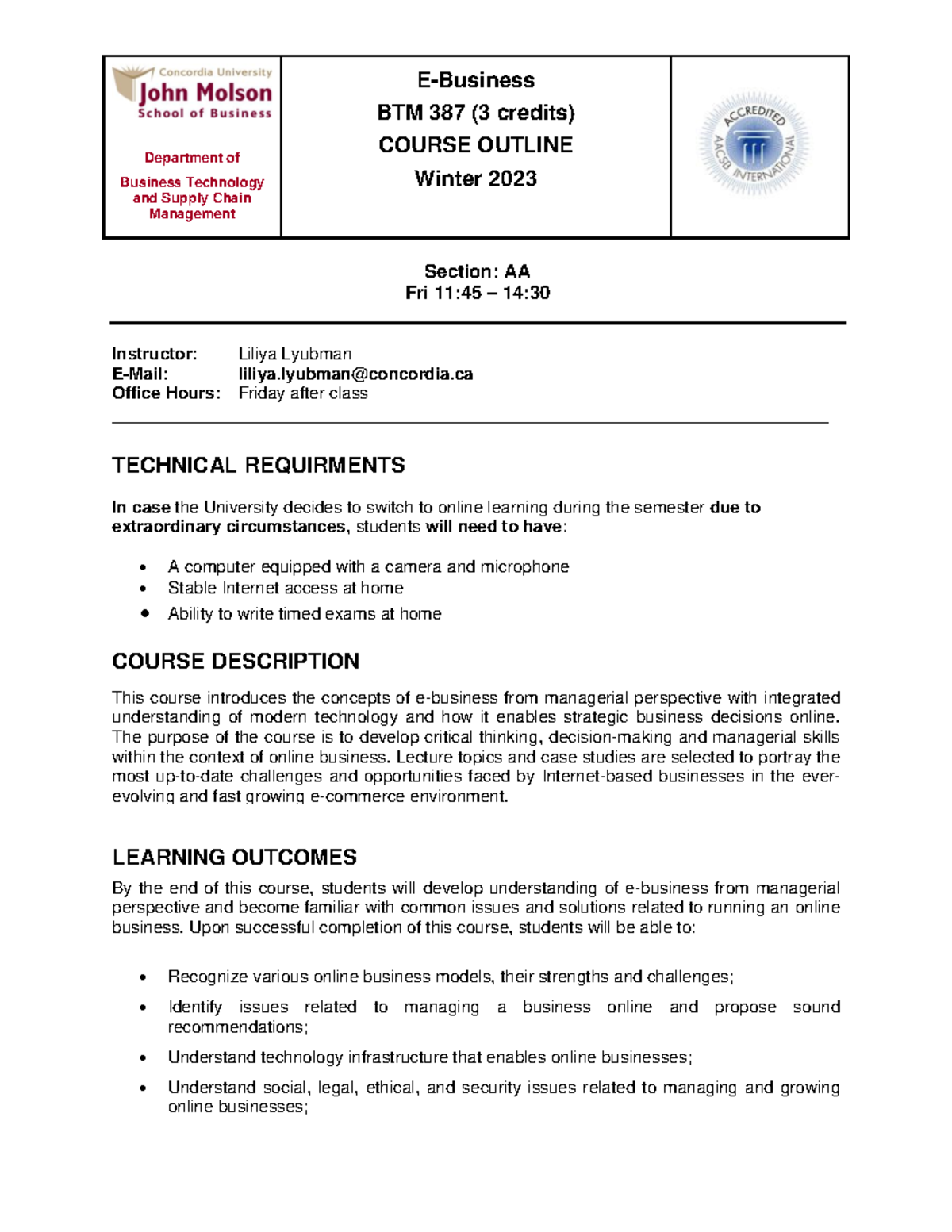 BTM 387 E-Business Course Outline for Winter 2023 - Studocu