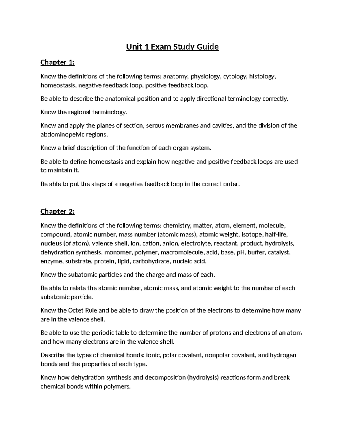 Unit 1 Exam Study Guide: Anatomy, Chemistry, and Feedback Mechanisms - Studeersnel