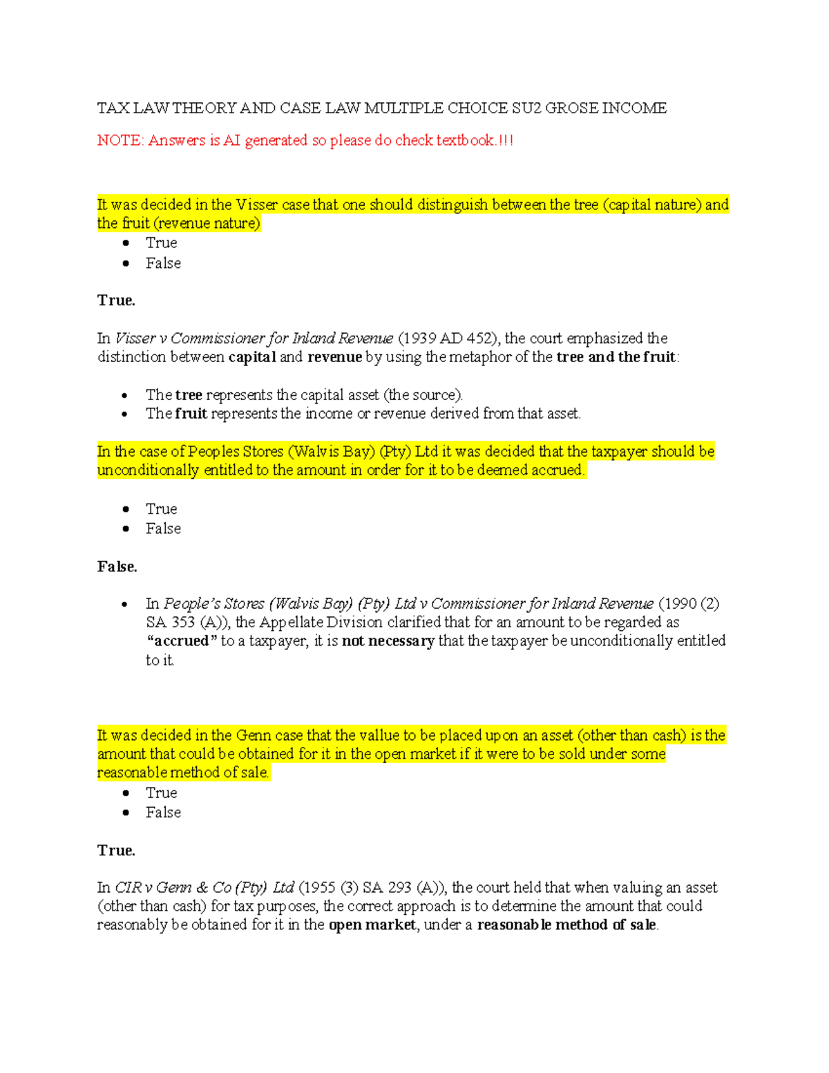 SU2 Tax Law: Gross Income Multiple Choice Questions and Answers - Studocu