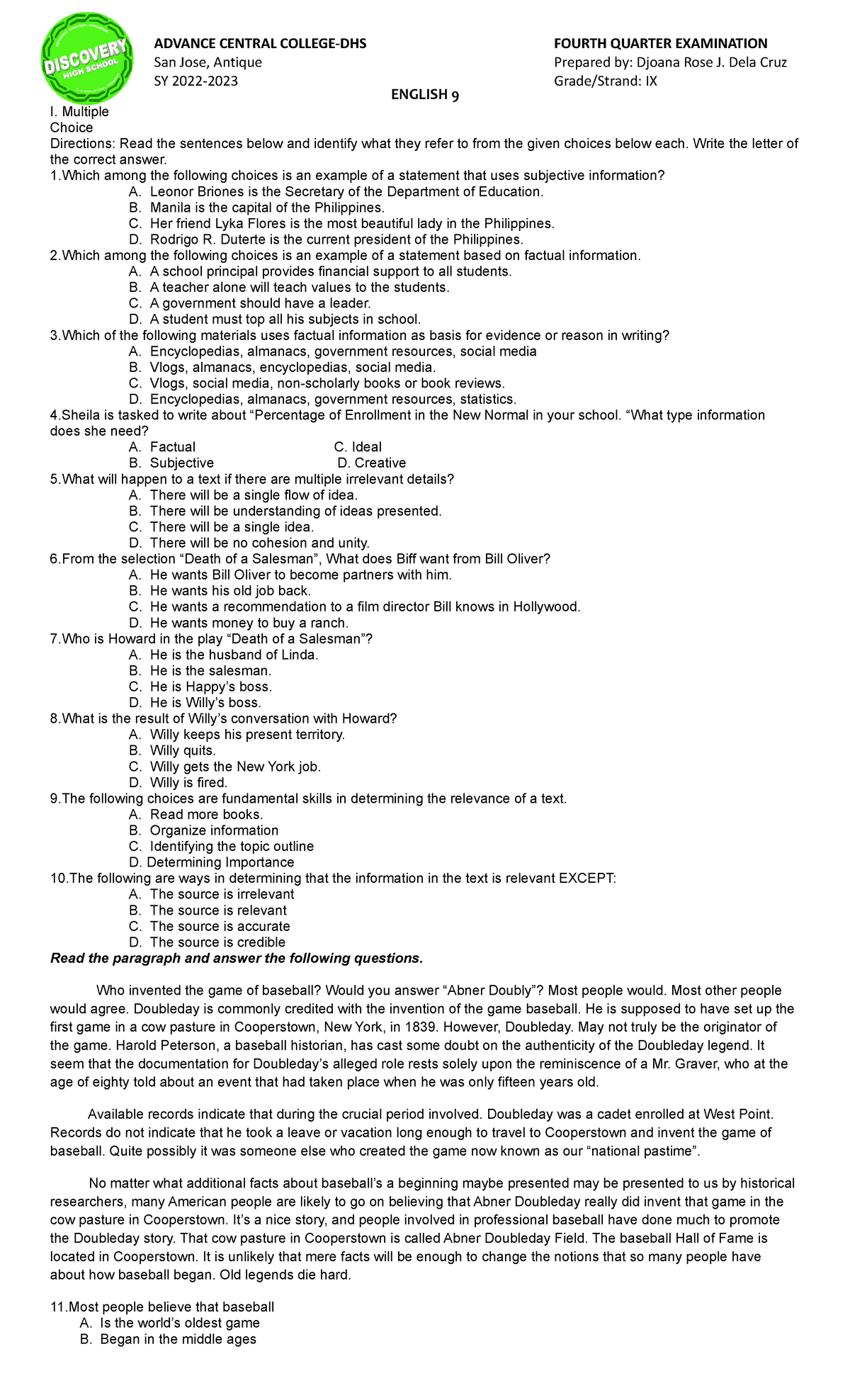 English 9 Final Exam Study Guide: Multiple Choice & Analysis - Studocu