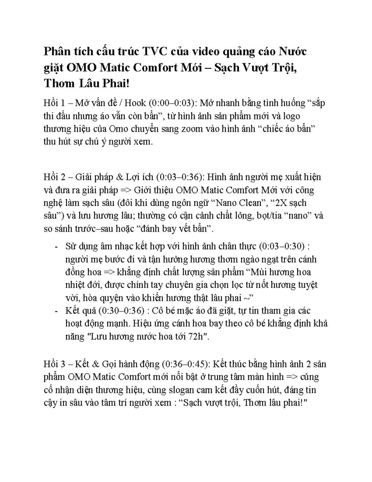 Phân tích cấu trúc TVC quảng cáo Nước giặt OMO Matic Comfort Mới - Studocu