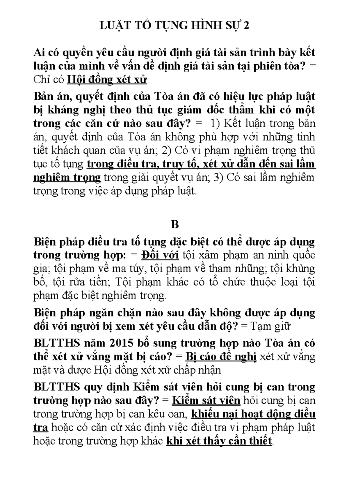 LUẬT TỐ TỤNG HÌNH SỰ 2: 124 Câu Hỏi và Trả Lời - Studocu