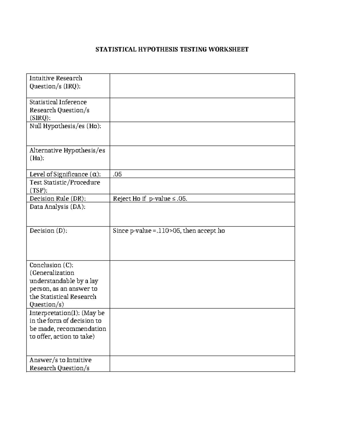 Hypothesis- Testing- Worksheet - STATISTICAL HYPOTHESIS TESTING ...