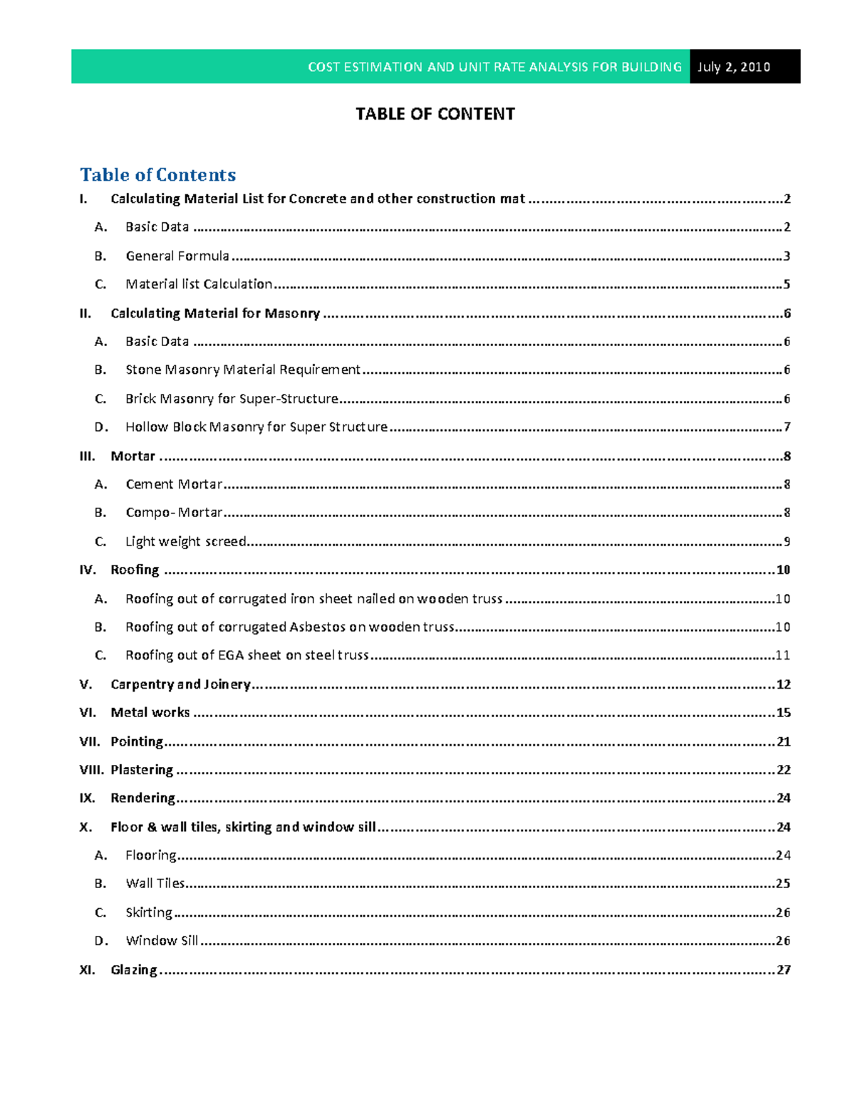 Cost Estimation Unit Rate Analysis For Building Project Studocu