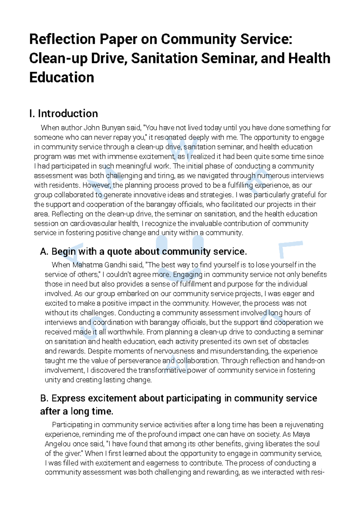 Reflection Paper: Community Service via Clean-Up & Health Ed Seminar ...