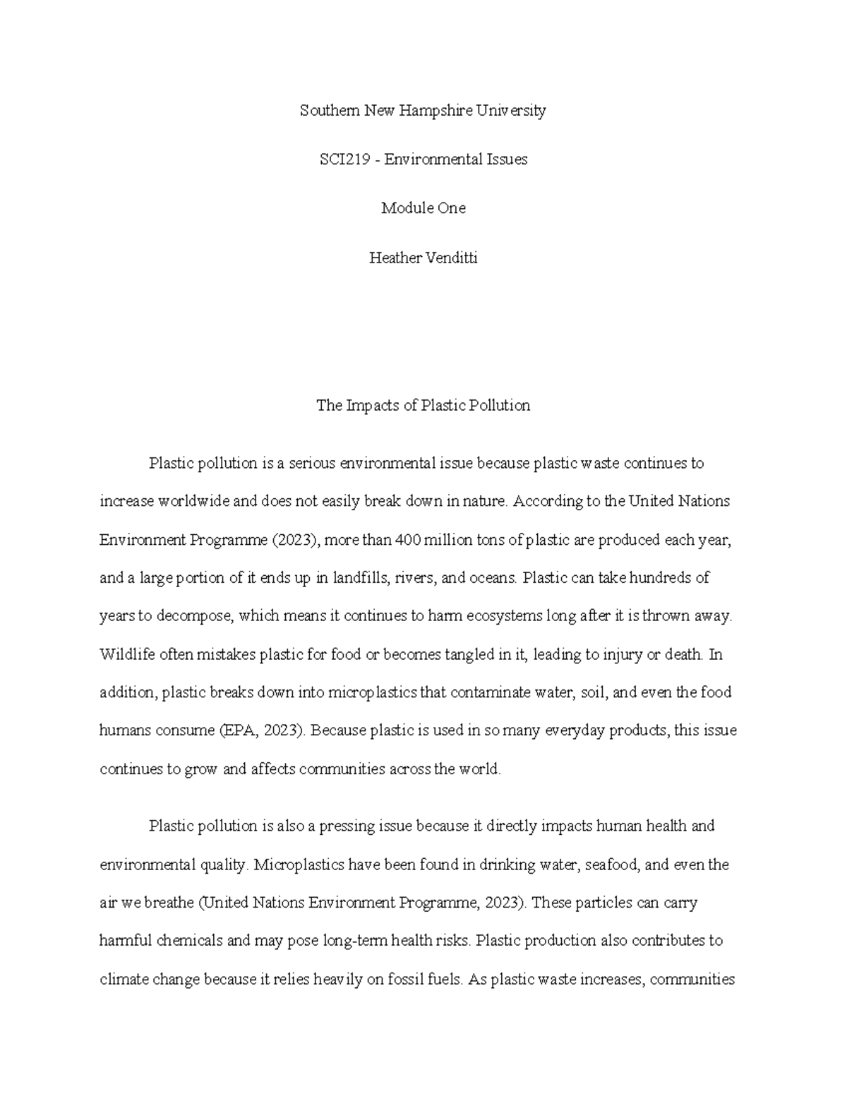 SCI219 Module One: The Impact of Plastic Pollution on Environment - Studocu