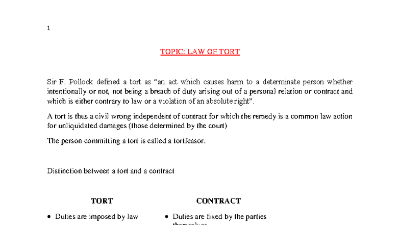 LAW OF TORT (LAW 101) - Comprehensive Overview and Key Concepts - Studocu