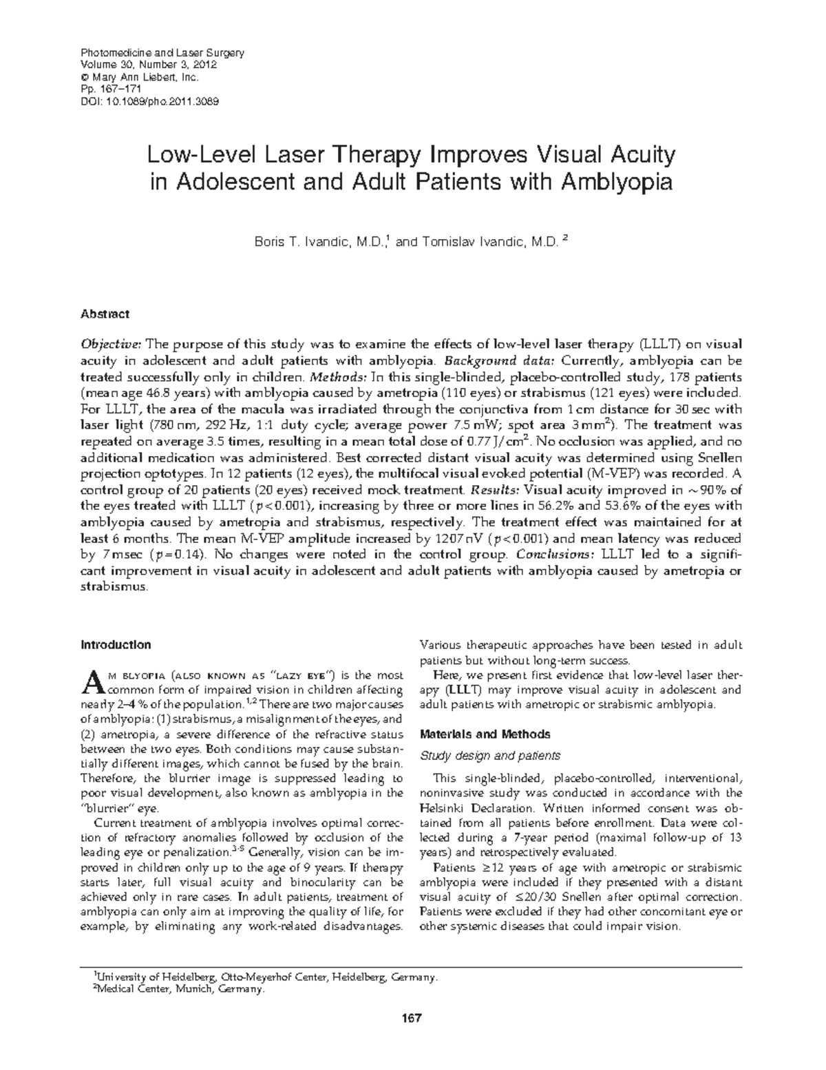 Laser Therapy for Amblyopia: Visual Acuity Improvement in Adults (2012 ...