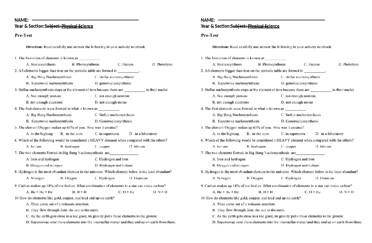 Physical Science - Pre Test - Bachelor of Science, Radiologic ...