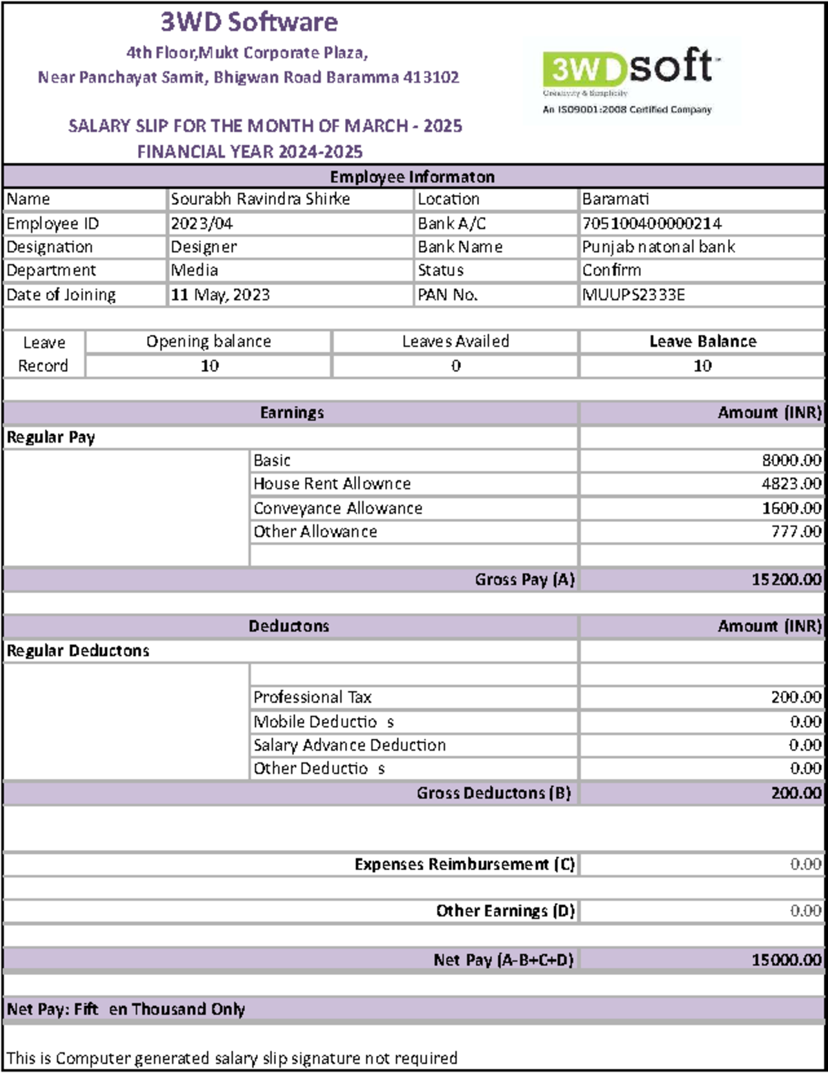 Salary Slip for March 2025 - FSDG (Employee: Sourabh Shirke) - Studocu