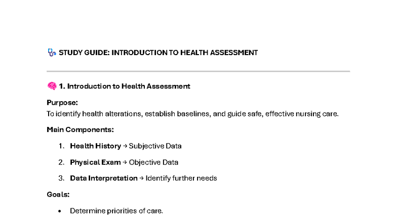 STUDY GUIDE: INTRODUCTION TO HEALTH ASSESSMENT (NURS 101) - Studocu