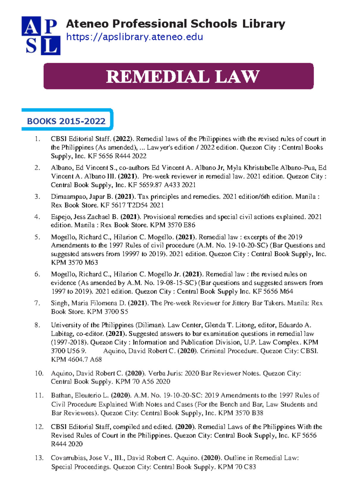 Remedial Law References - Ateneo Professional Schools Library - Studocu