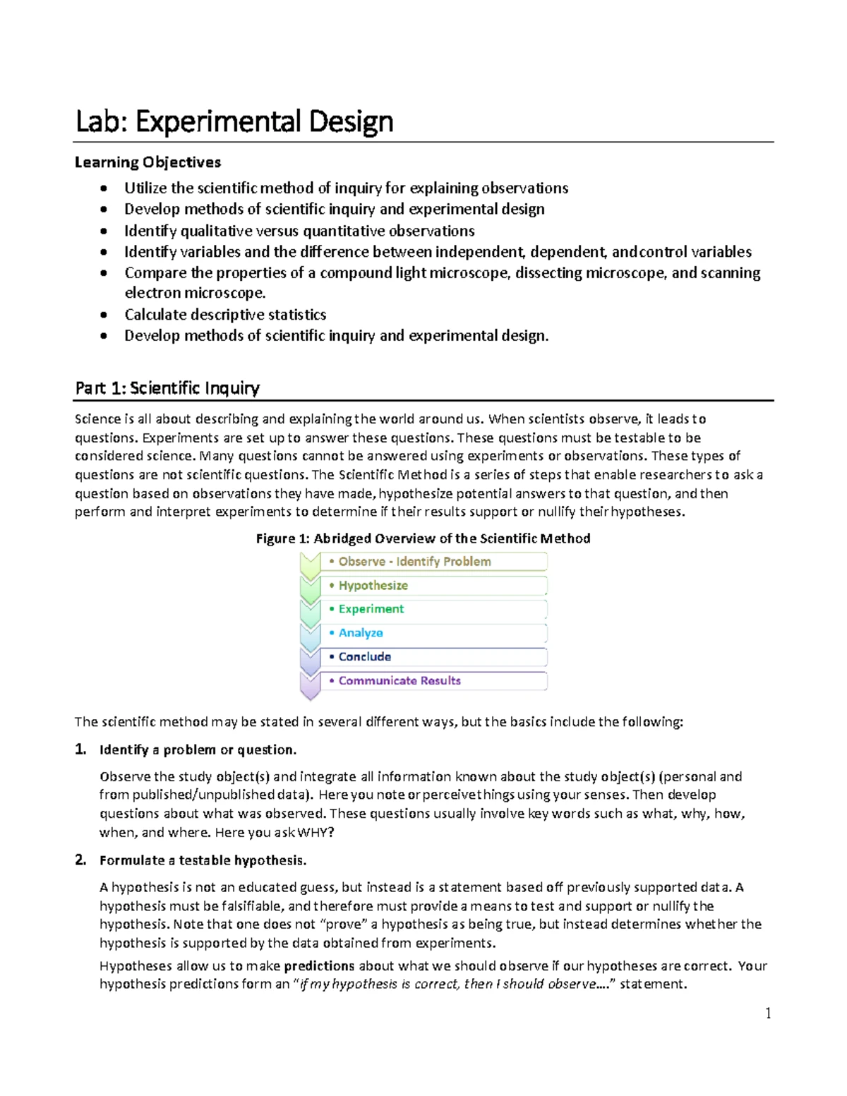 BIOL 1406, Lab #2 - Scientific Inquiry & Experimental Design Techniques ...