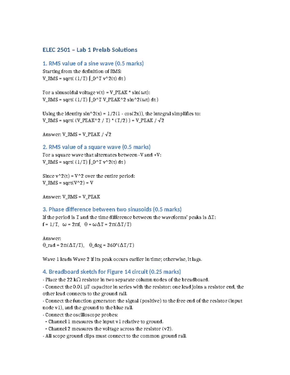 ELEC 2501 Lab 1 Prelab Solutions: RMS Values & Circuit Sketches - Studocu