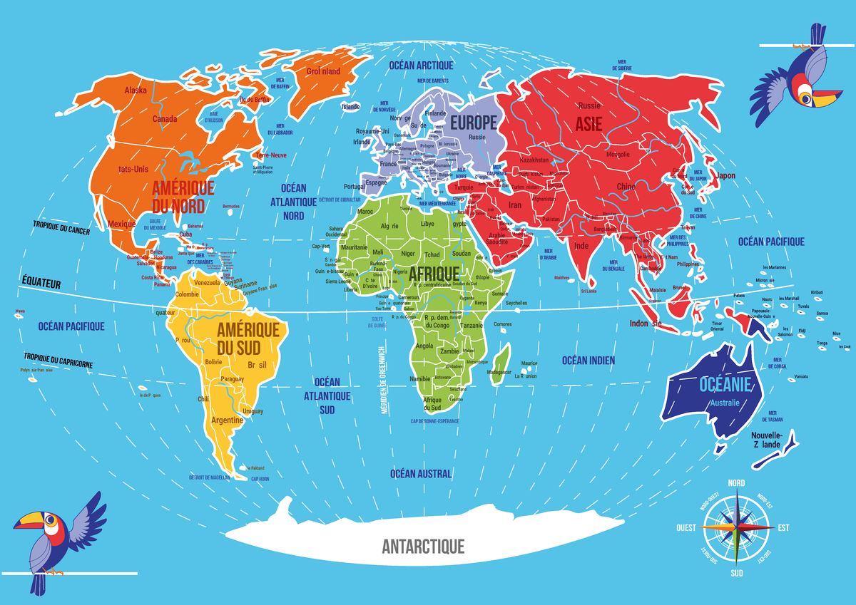 Monde: Cartographie des Océans et Continents par Zones Geographiques ...