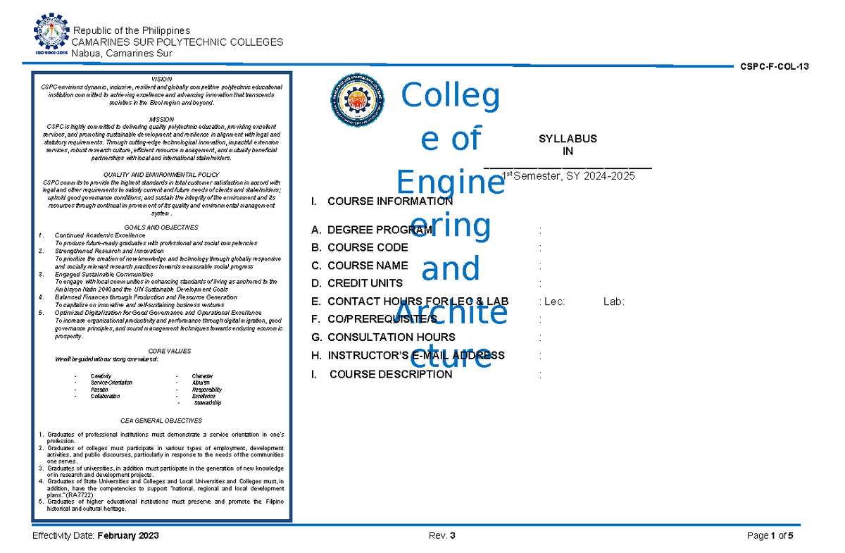 CSPC-F-COL Syllabus Template for Engineering and Architecture Programs ...
