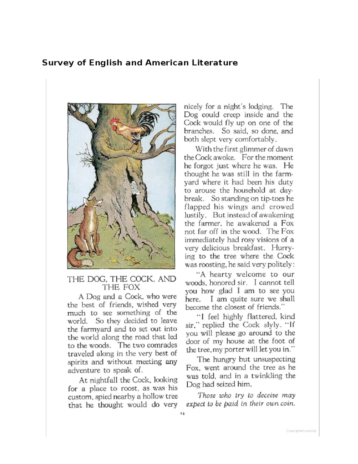 Aesop - story - THE DOG, THE COCK, AND THE FOX A Dog and a Cock, who ...