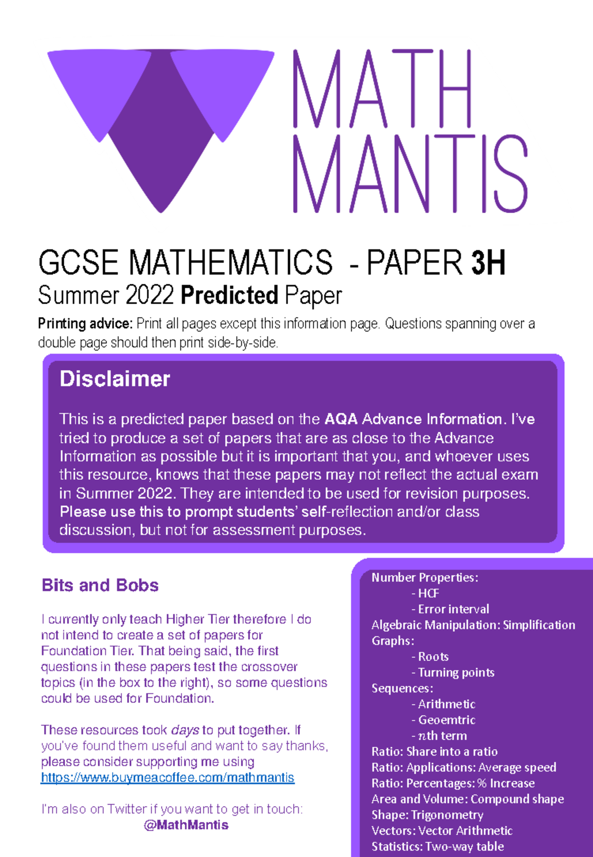 AQA GCSE Maths Summer 2022 Predicted Paper 3H - Higher Tier - Studocu