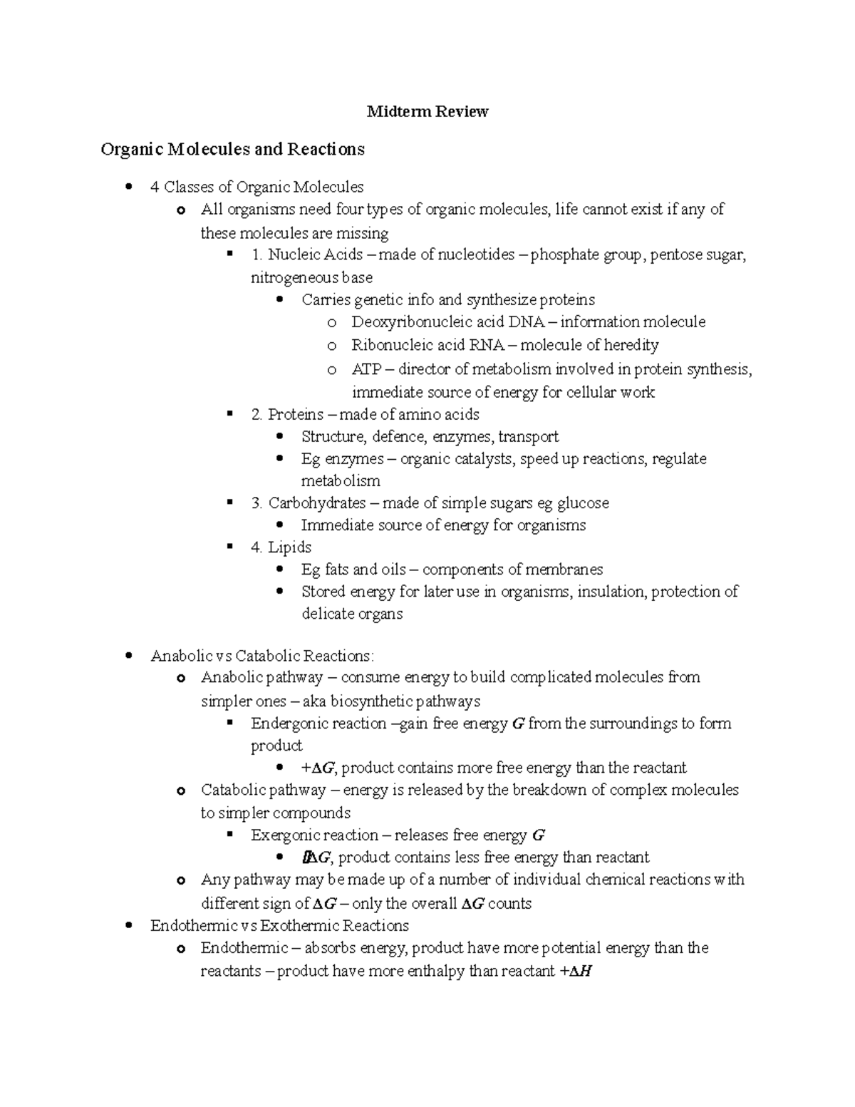 Midterm Review: Organic Molecules and Reactions in Unit 1 (BIO101 ...