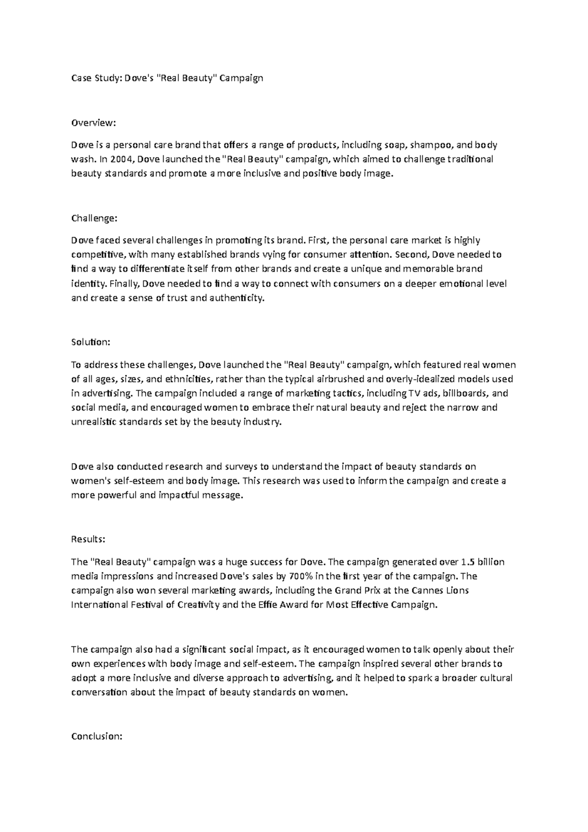 Dove Marketing Case study with Answer - Case Study: Dove's "Real Beauty ...