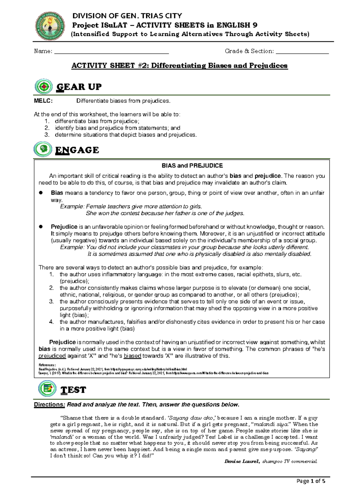 English 9 AS2: Understanding Bias and Prejudice Activity Sheet - Studocu
