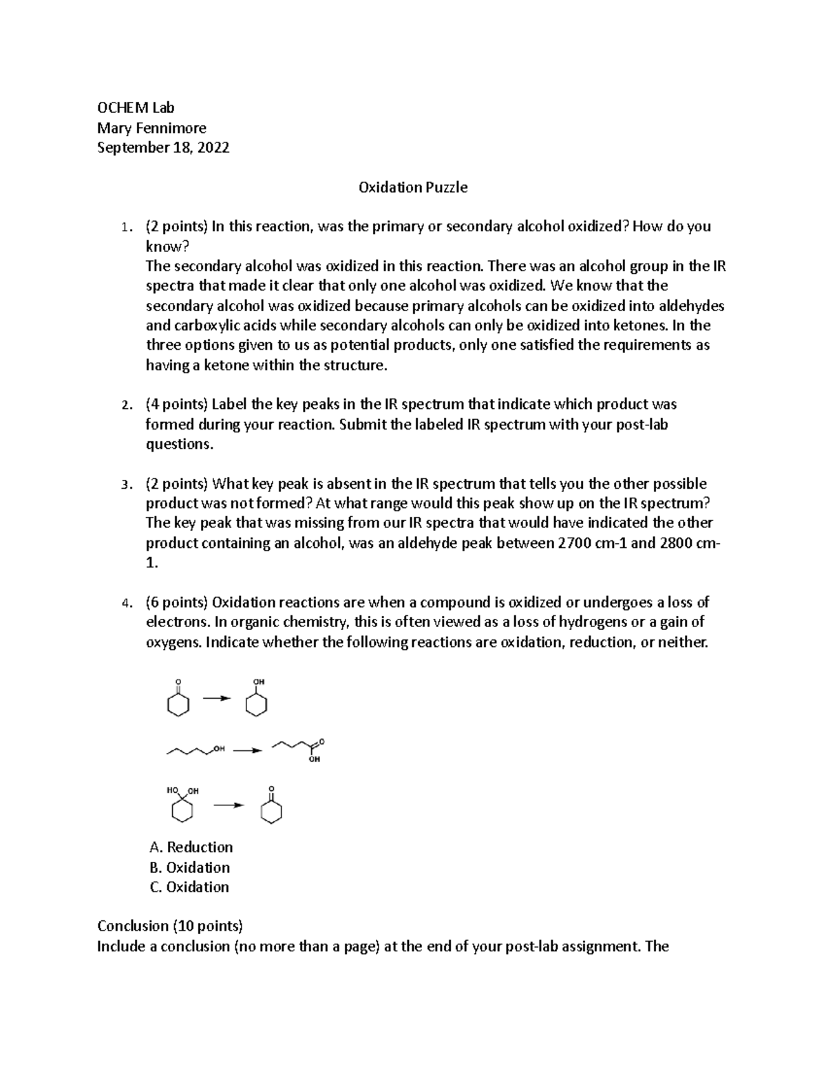 Ochem II Final Lab Report: Oxidation Puzzle Analysis - Studocu