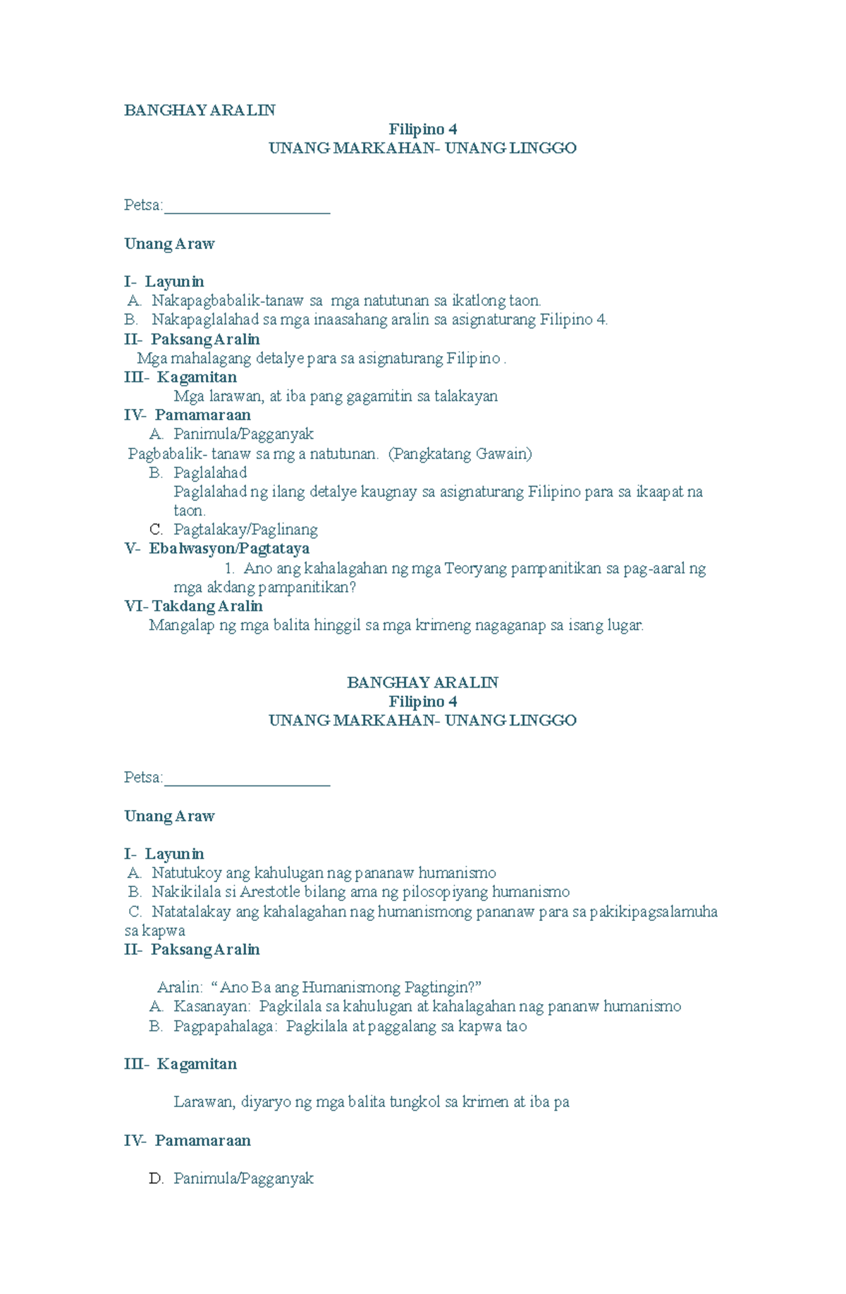 62403352 Banghay Aralin Filipino 4 - BANGHAY ARALIN Filipino 4 UNANG MARKAHAN- UNANG LINGGO ...