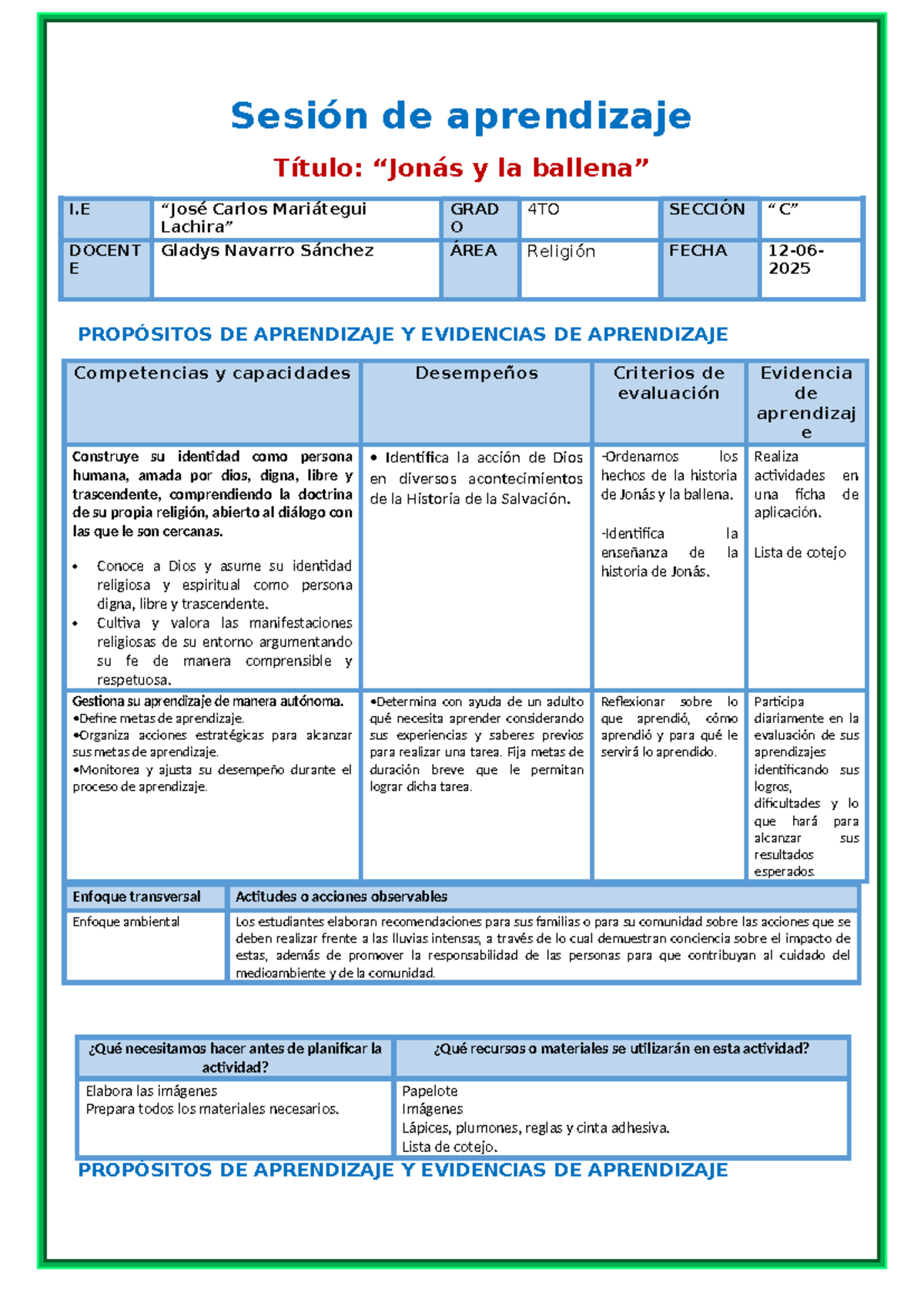 Sesión de Aprendizaje: Religión - Jonás y la Ballena (GRAD 4TO) - Studocu