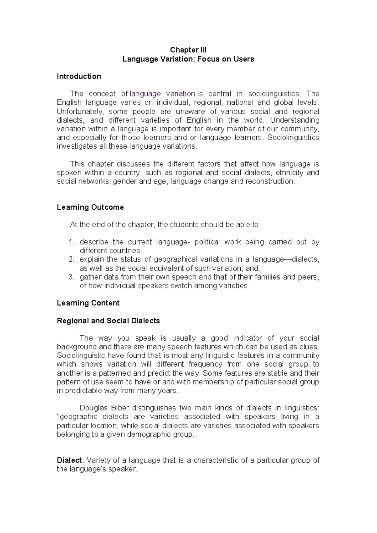Chapter III: Language Variation - Factors Influencing Speech - Studocu