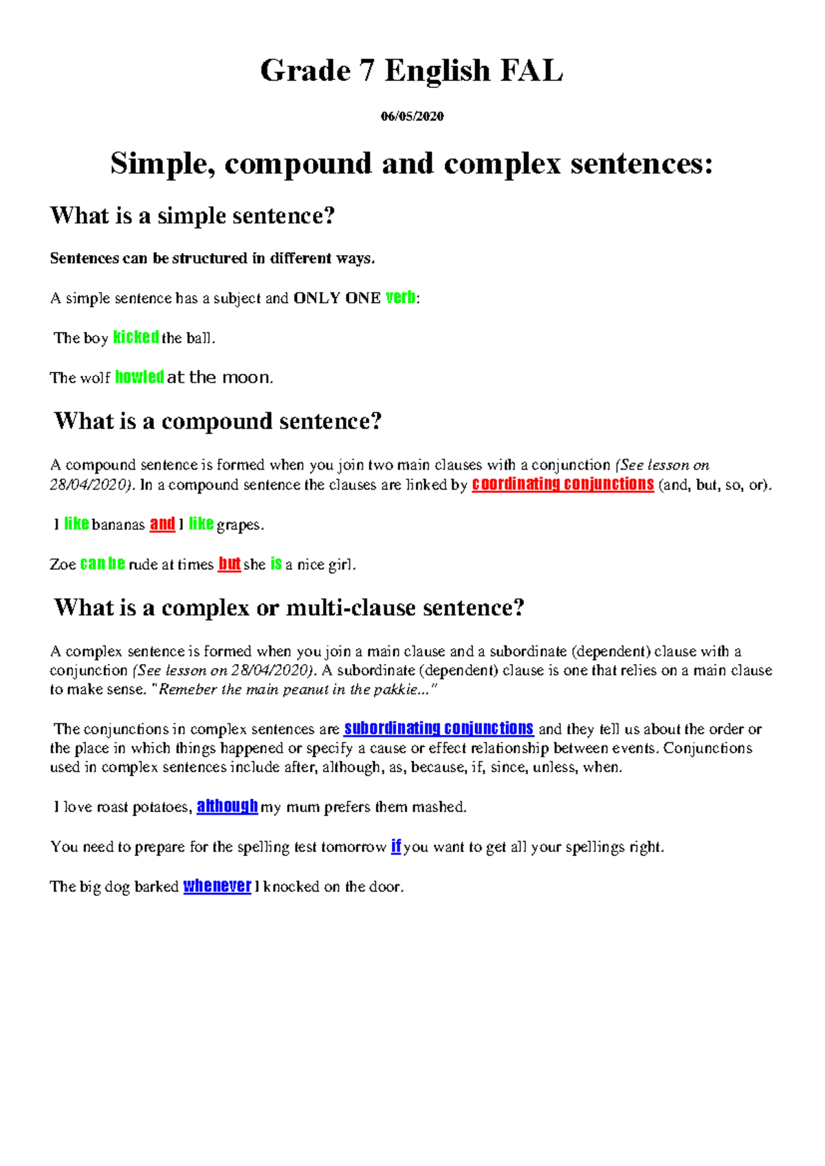 Grade 7 FAL - Types of Sentences: Simple, Compound, Complex - Studocu