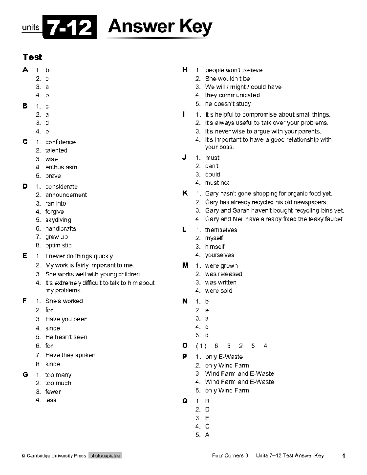 Four Corners 3 Units 7–12 Test Answer Key & Oral Test Responses - Studocu