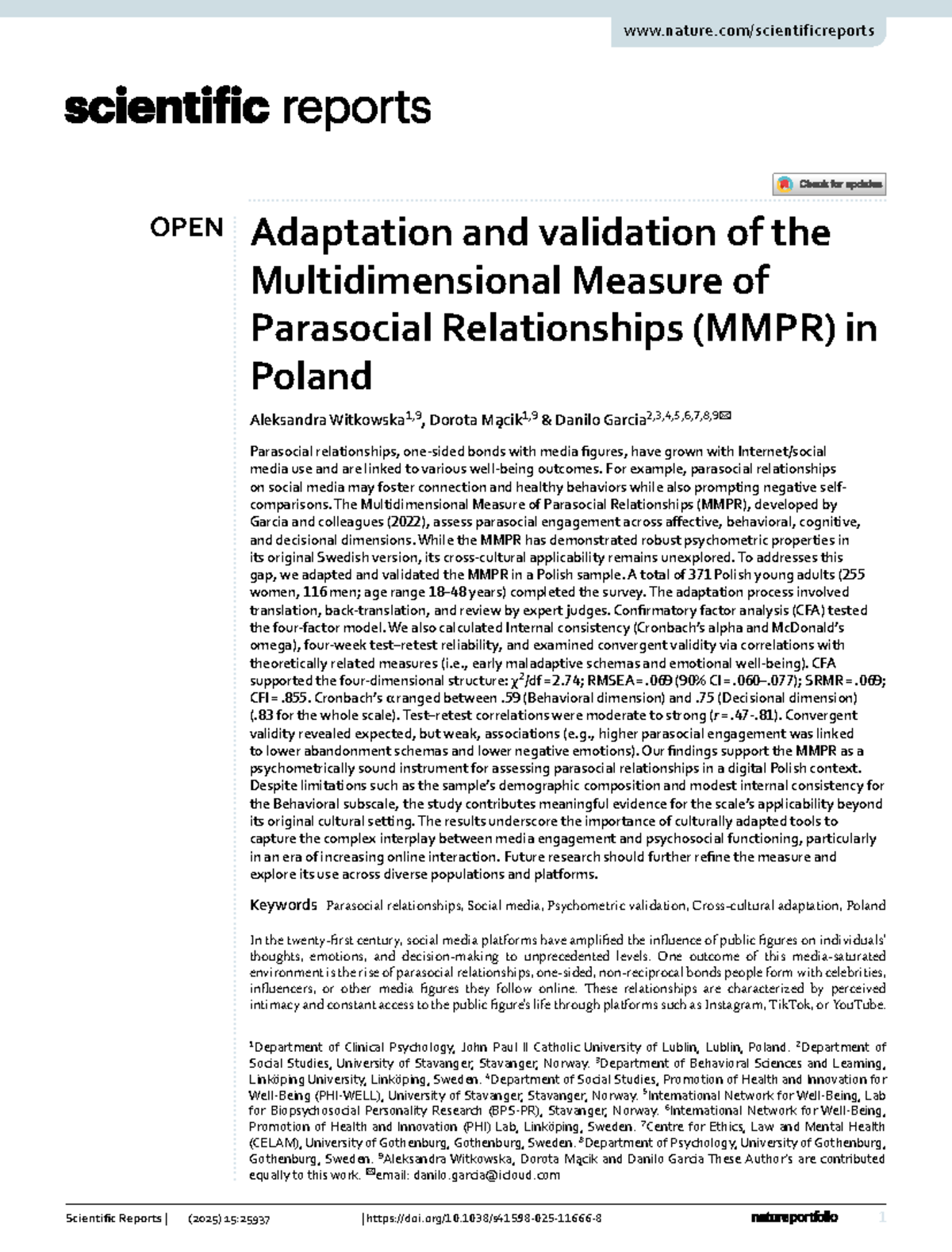 Adaptation and Validation of the MMPR in Poland: A Psychometric Study ...