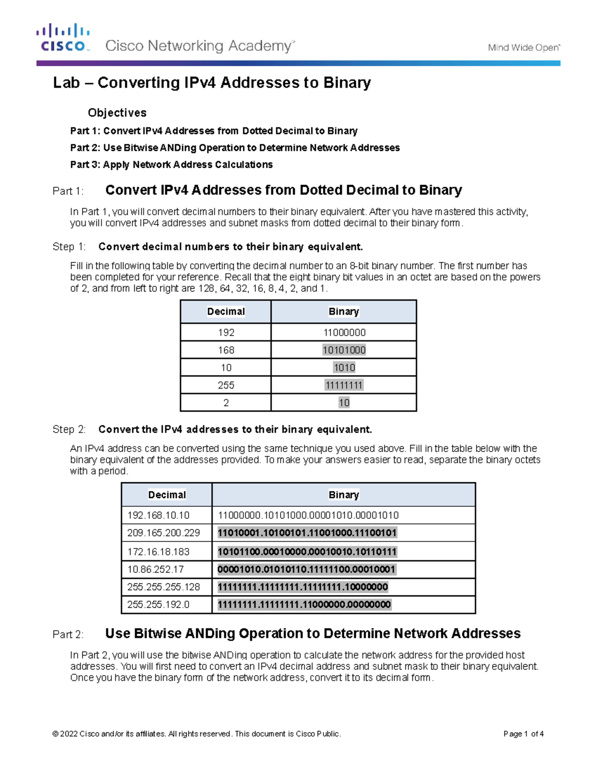 Lab - Converting IPv4 Addresses to Binary and Network Addressing - Studocu