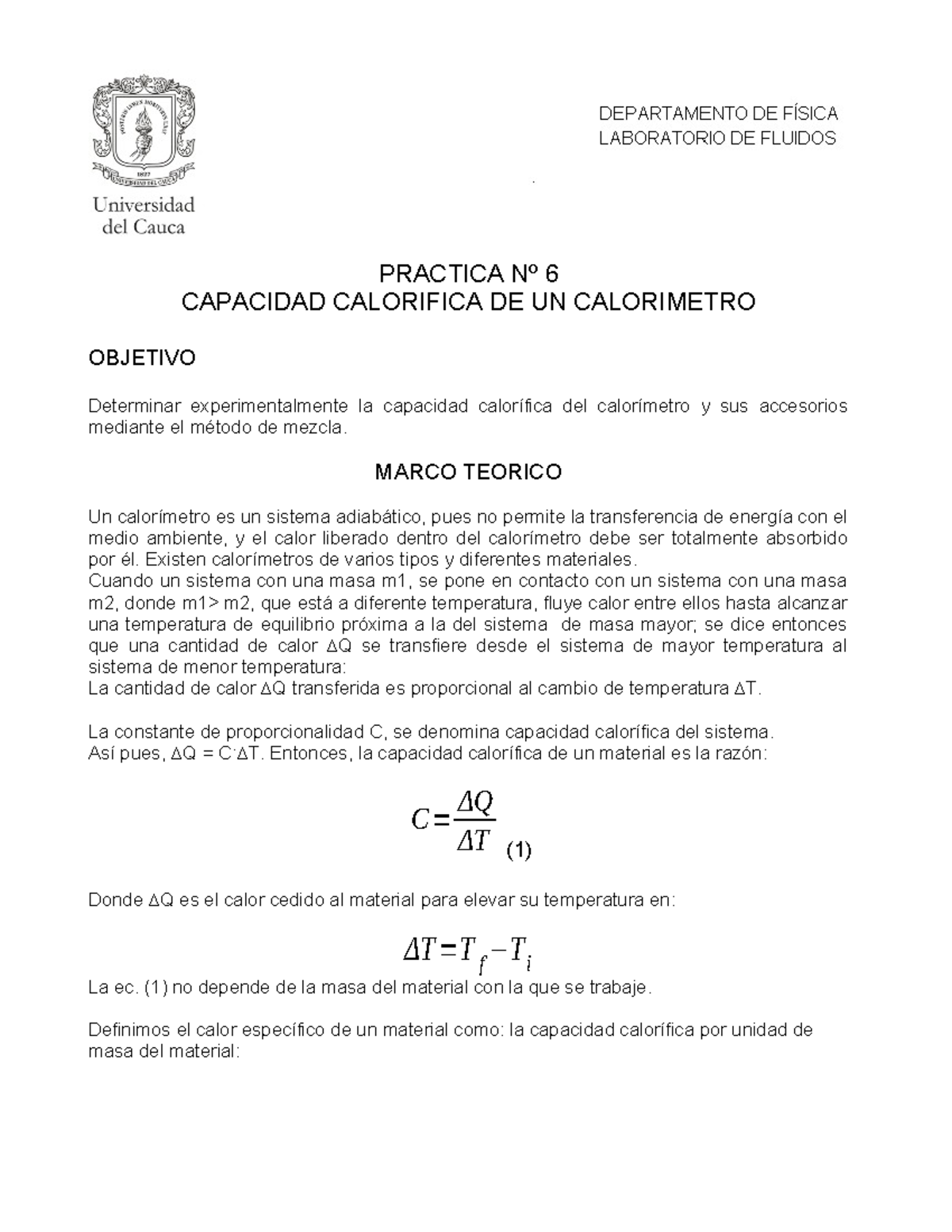 GUIA N°6 - Capacidad Calorífica del Calorímetro y Método de Mezcla ...