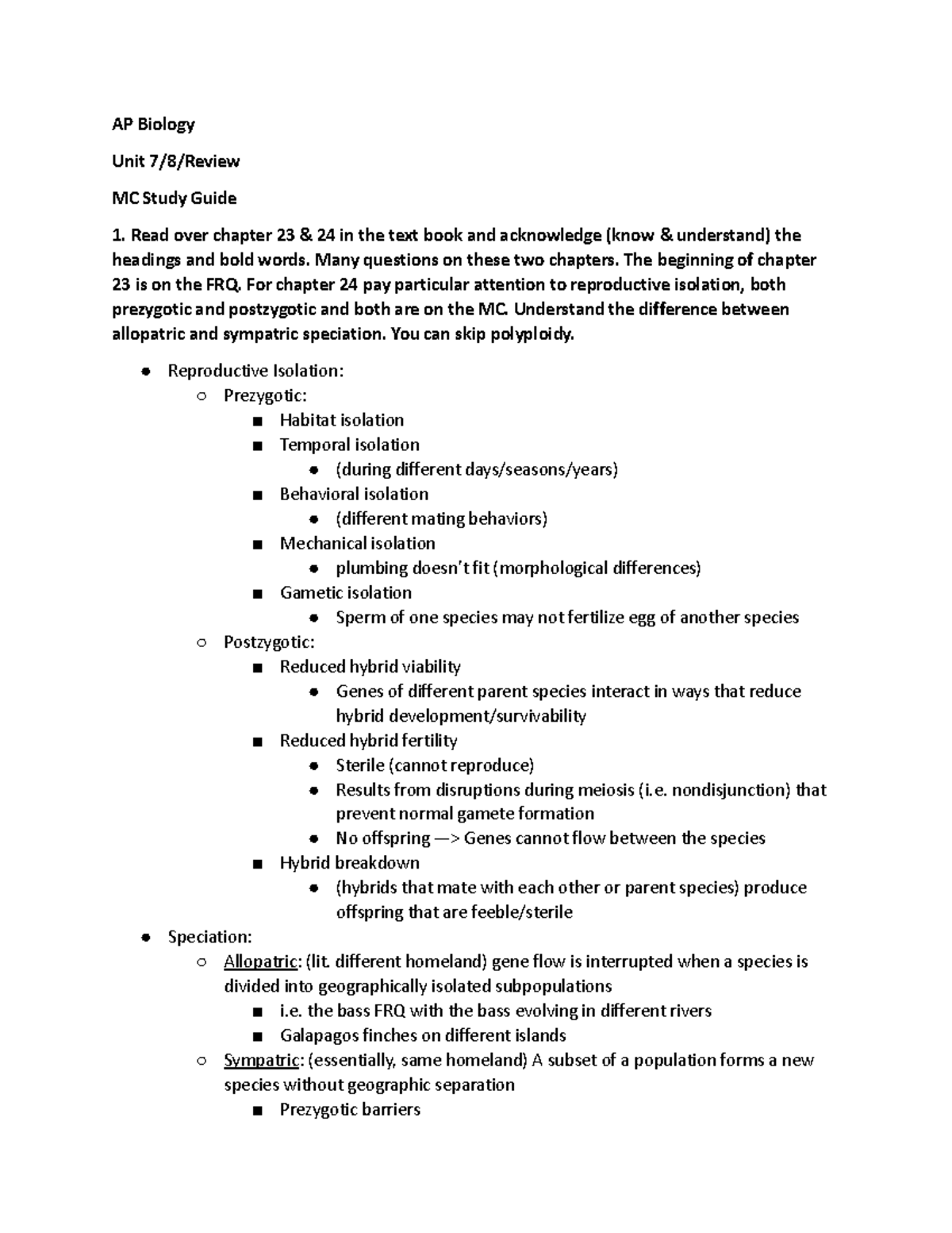 Unit 7/8 Review AP Biology - AP Biology Unit 7/8/Review MC Study Guide ...