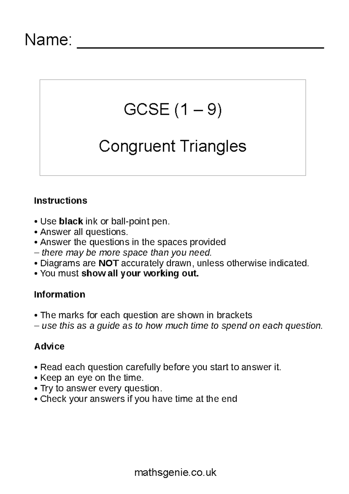 GCSE (1 9) Final Exam: Congruent Triangles Practice Questions - Studocu