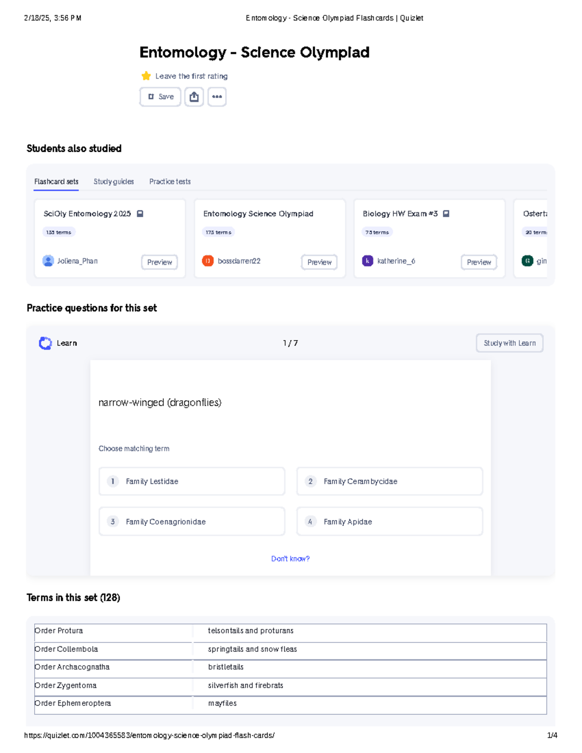 Entomology Flashcards for Science Olympiad 2025 - Quizlet Set - Studocu